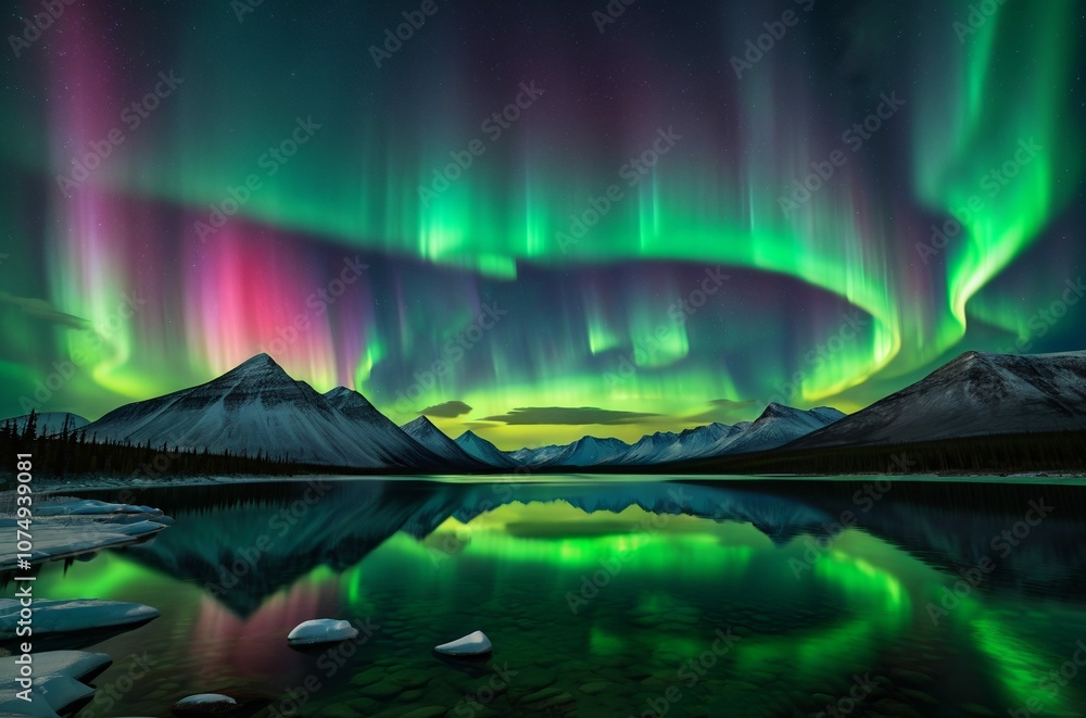 Colorful polar northern lights with stars over lake and snowy mount ...
