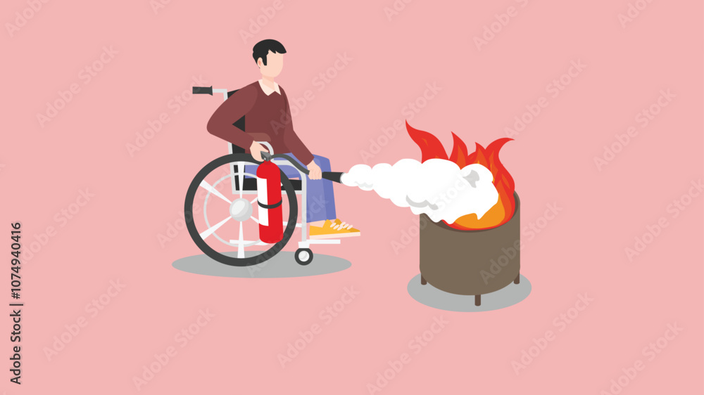 Disability person in fire drill for fire safety training at office ...