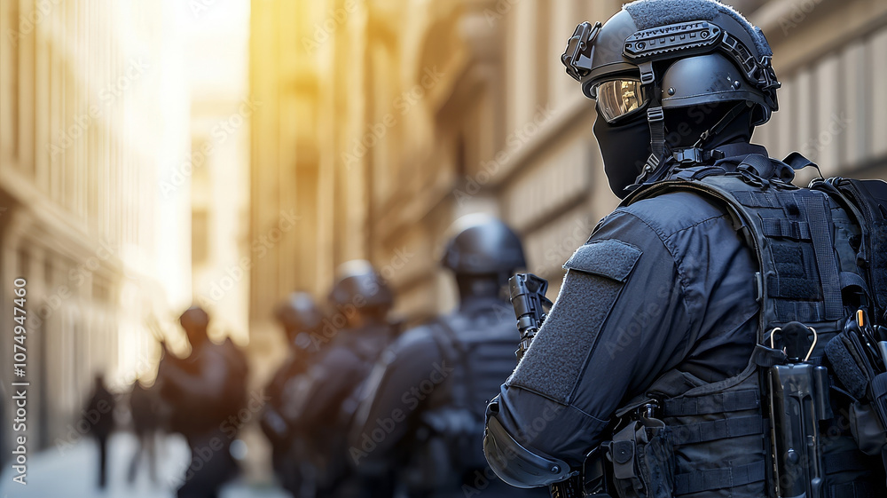 Elite SWAT team members in tactical gear prepare to breach heavily ...