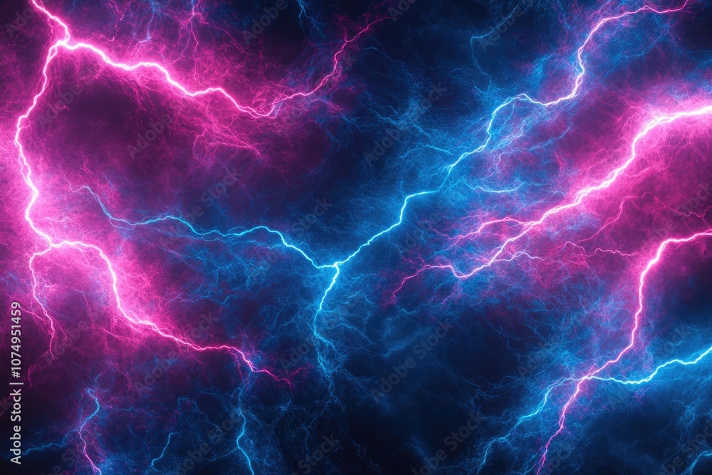 Electrifying sparks of blue and pink lightning against a black ...