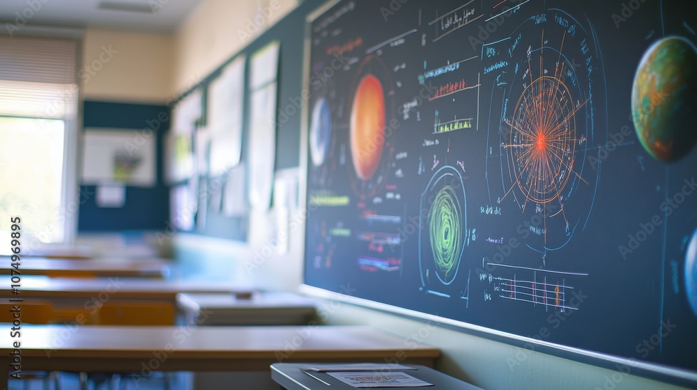 Educational poster on a classroom wall showing solar system diagrams ...