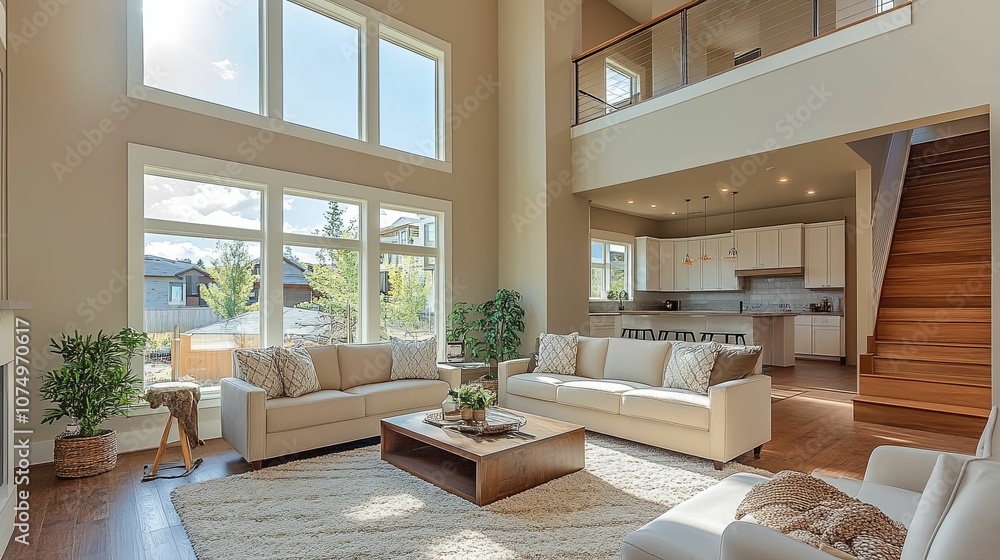 Modern living room with high ceilings, large windows, and a view of a ...
