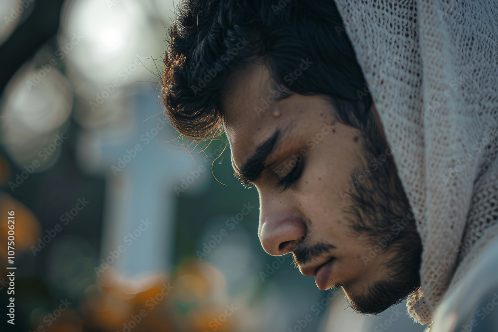 Generative AI image of mourning young man in cemetery grief and respect ...