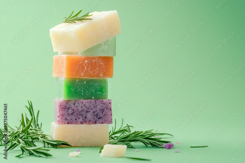Aesthetic Stacked Soap Bars with Rosemary Leaves on a Soft Pastel Green ...