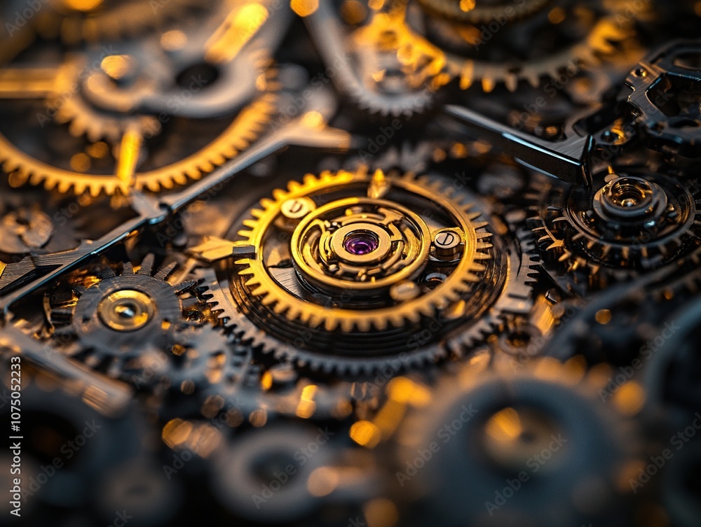 A macro photograph of intricate clock gears and cogs interlocking ...
