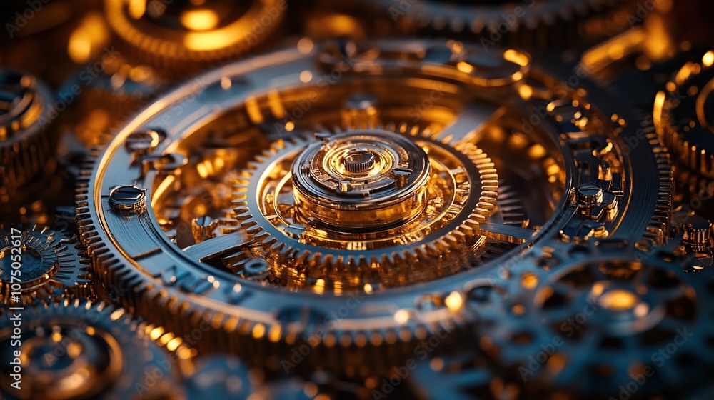 A macro photograph of intricate clock gears and cogs interlocking ...