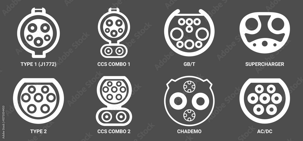 Types of electric vehicle plugs. standard charging connector plug and ...