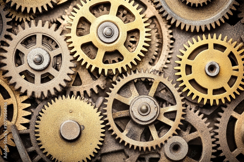 A macro photograph of intricate clock gears and cogs interlocking ...