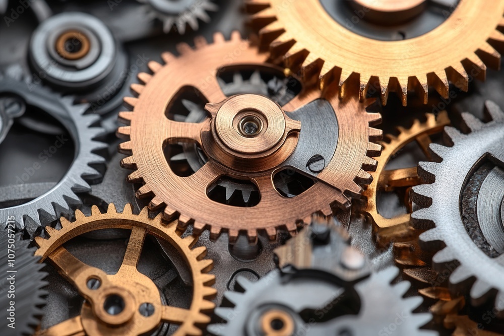 A macro photograph of intricate clock gears and cogs interlocking ...