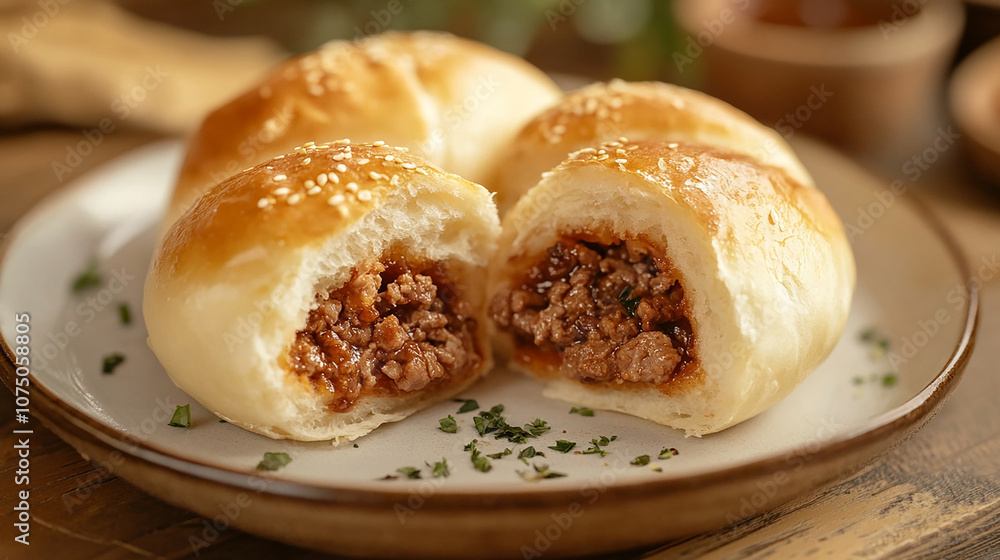Meat bun with a bite revealing the filling Stock Photo | Adobe Stock