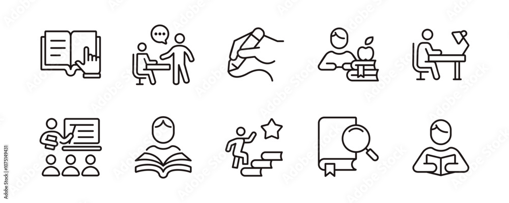 student read and learn outline study icon set education online learning ...