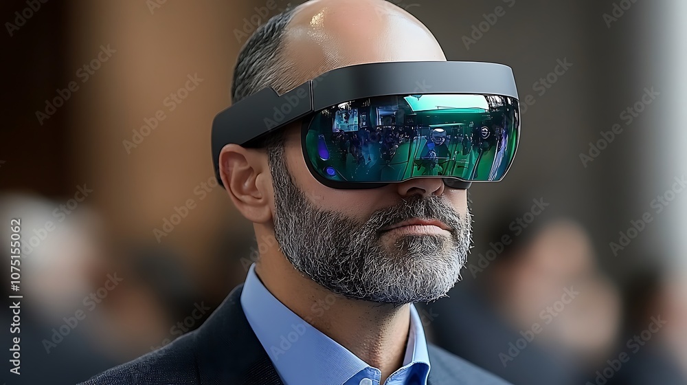 A doctor wearing augmented reality glasses and viewing a 3D holographic ...