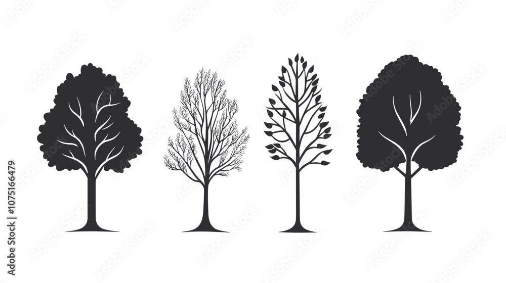 Silhouette tree set. Side view, set of graphic trees elements outline ...