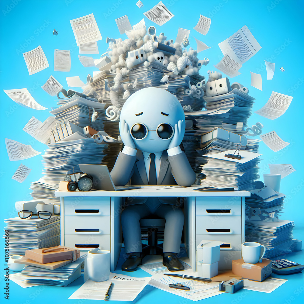 3D Stressed Business Professional Concept Overwhelmed at Cluttered Desk ...