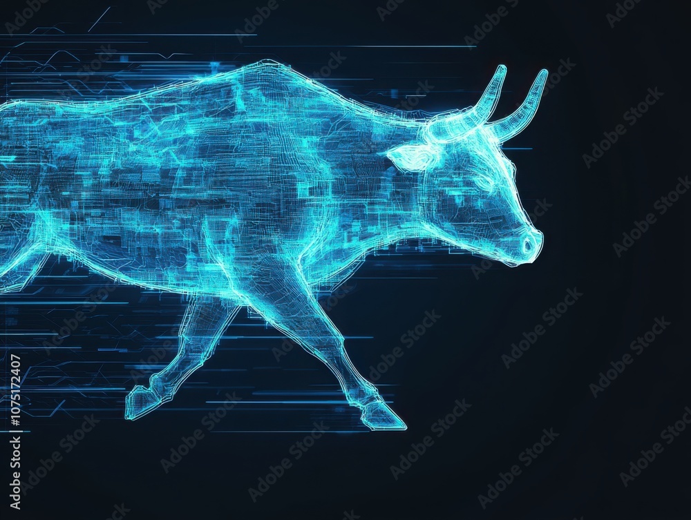 A digital representation of a cow, created with blue binary-like lines ...
