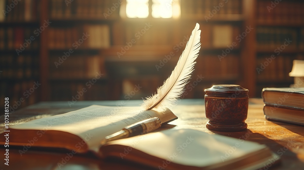 Vintage quill pen and inkwell on old books in a sunlit library. AI ...