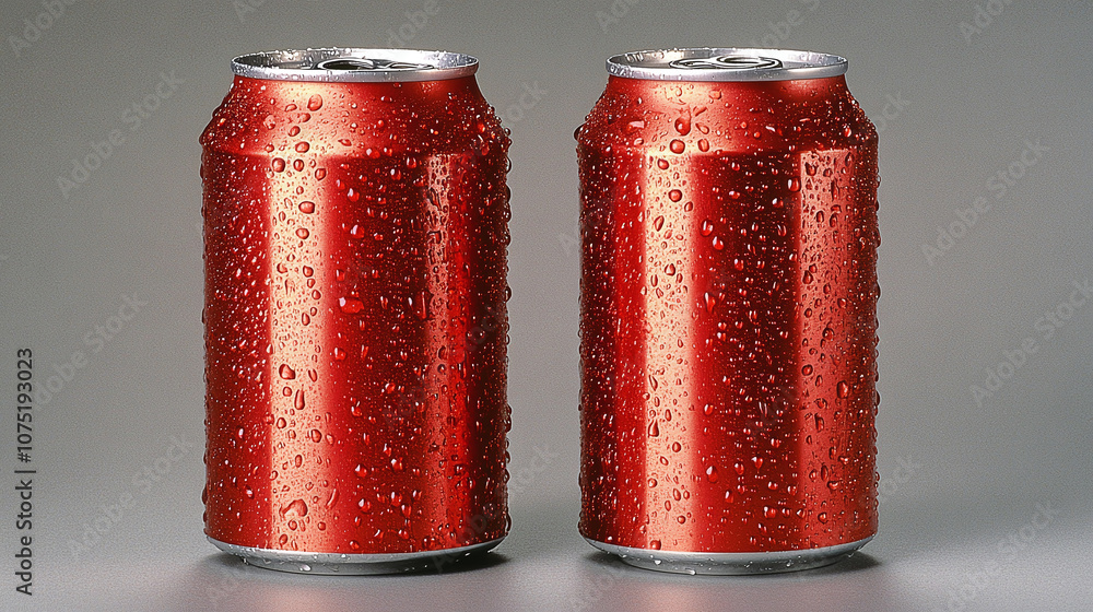 Two shiny red soda cans with condensation, standing side by side ...