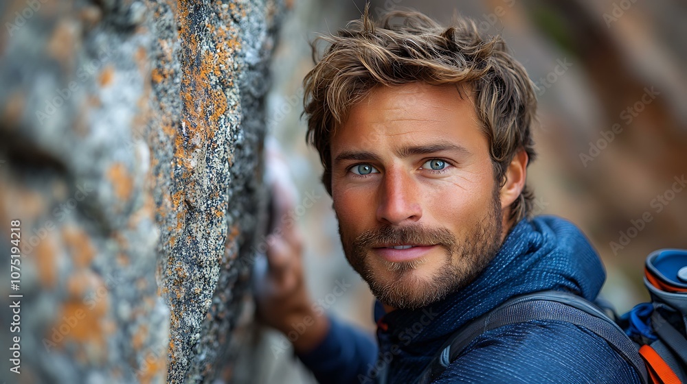 Rock climber gripping a cliff edge, intense focus, rough rocky ...