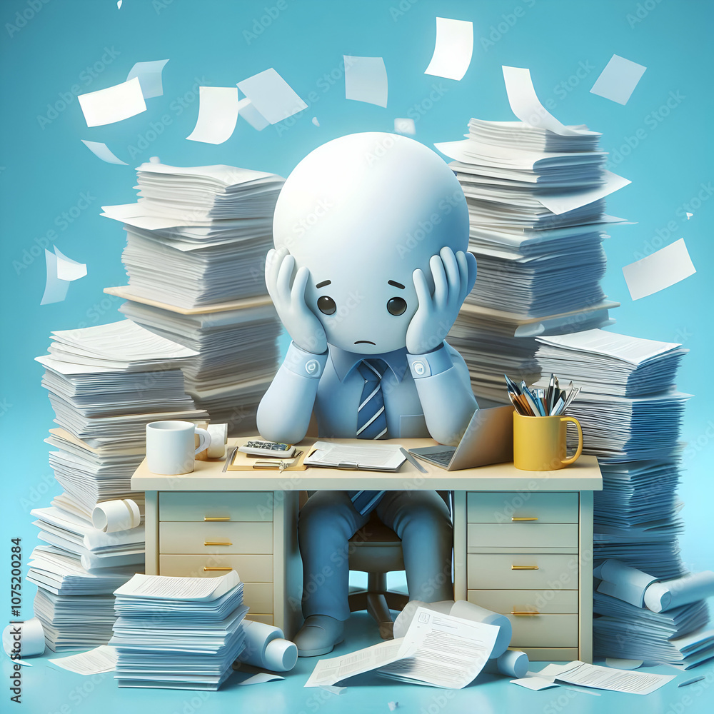 3D Stressed Business Professional at Cluttered Desk Overwhelmed with ...