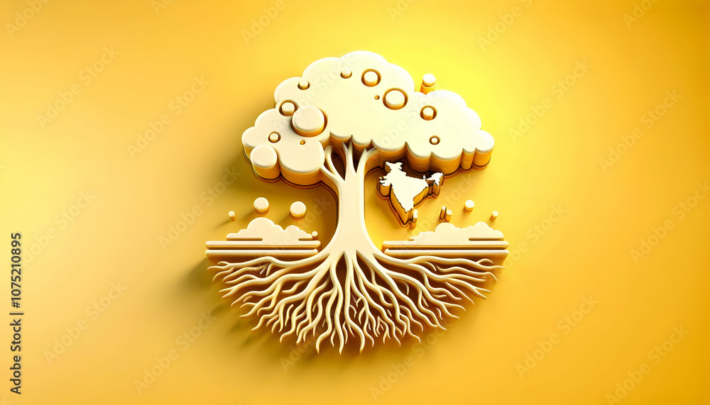 3D Yellow Background Tree Silhouette Roots Map Shape Republic Day ...