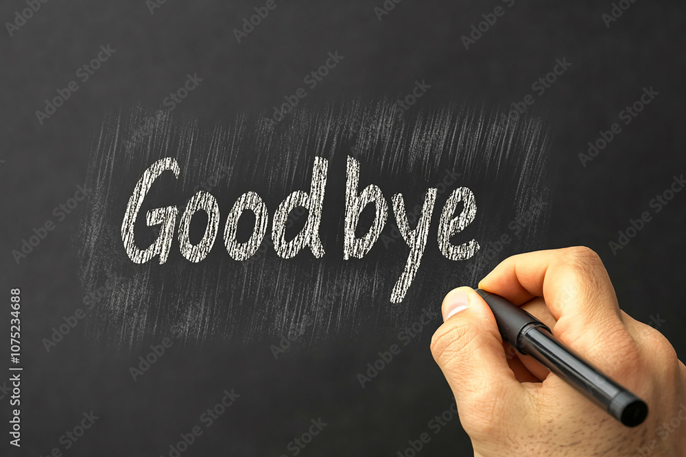 Handwriting the word Goodbye with a marker on a transparent whiteboard ...