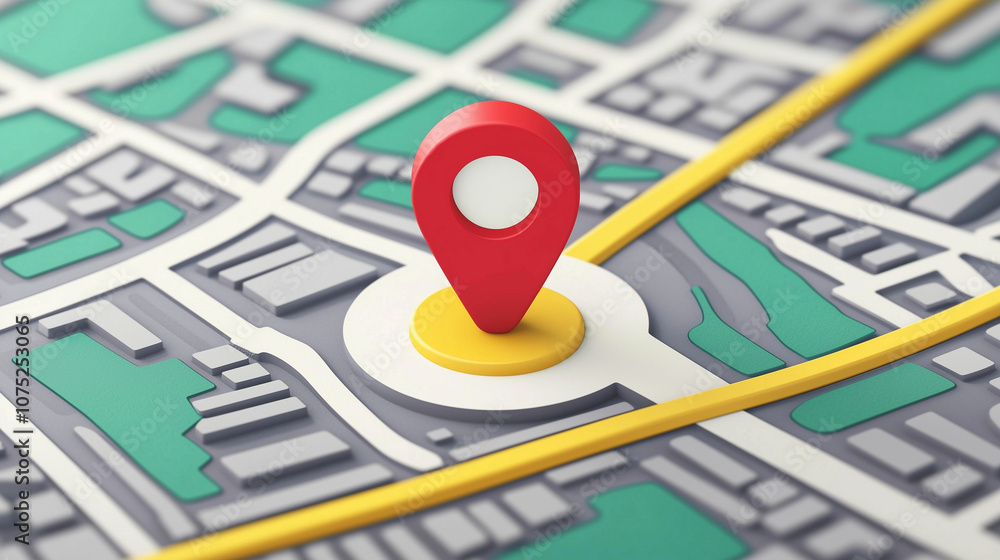 3D map showing a red location pin on a roundabout in an urban setting ...