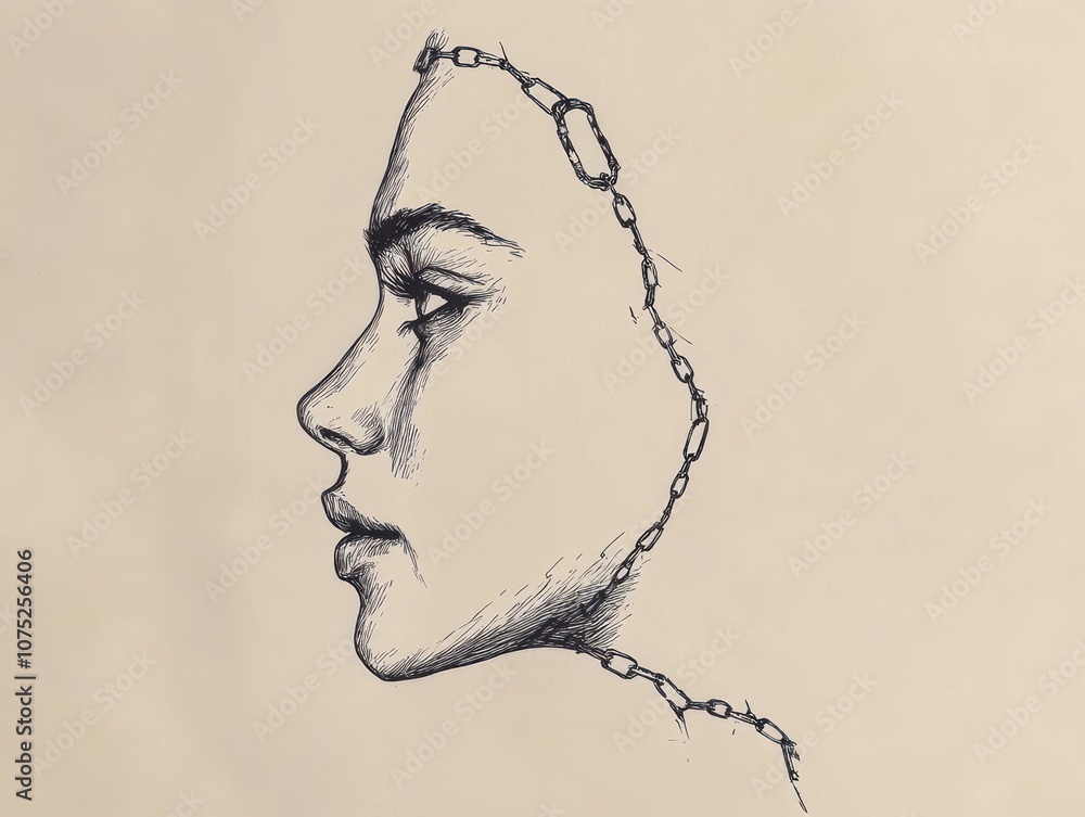 Profile of a woman’s face outlined by broken chains, symbolizing ...