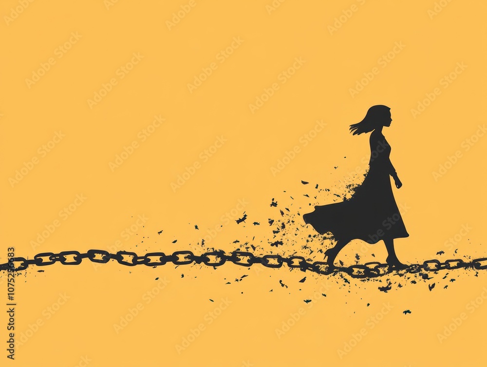Silhouette of woman breaking free from chains, symbolizing liberation ...