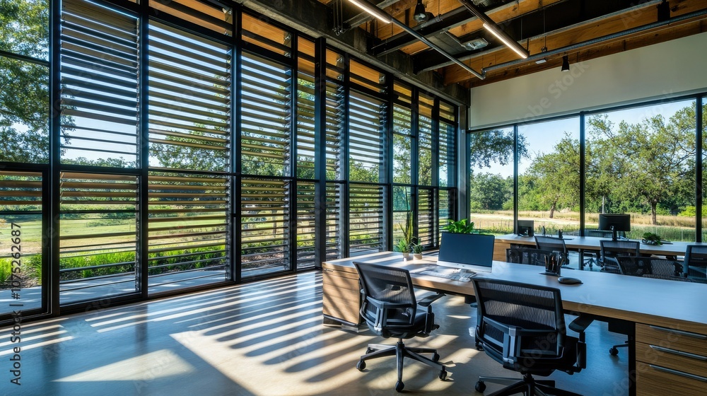 Stylish office with large aluminum louver windows, partially tilted to ...