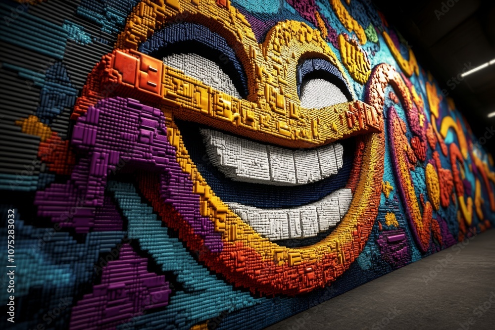 Pixel art of a happy face emoji in vibrant 8-bit colors, with a ...