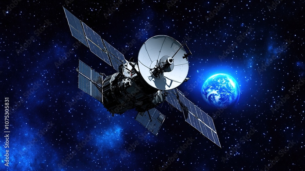 Space probe in deep space transmitting data to Earth, with visible ...