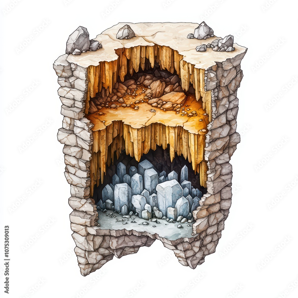Illustration of a geological cross-section showing layers of rock and ...
