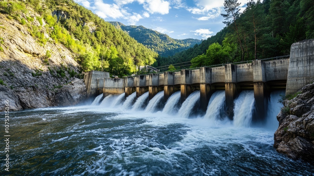 Hydroelectric power plant. Dam releasing water into flowing river ...