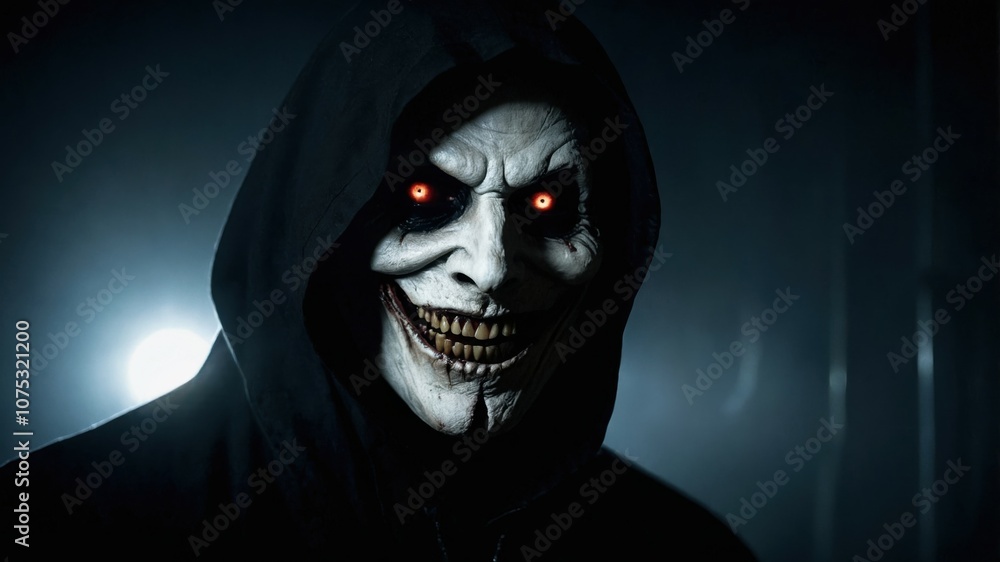 Creepy image of a hooded figure with a terrifying grin and glowing red ...