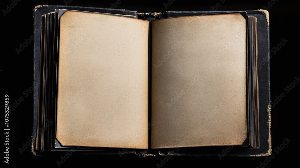 top view of old vintage open book empty papers sheets white blank pages ...