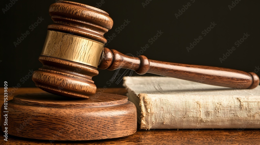 Fading Gavel: An antique wooden gavel resting on a worn-out legal book ...
