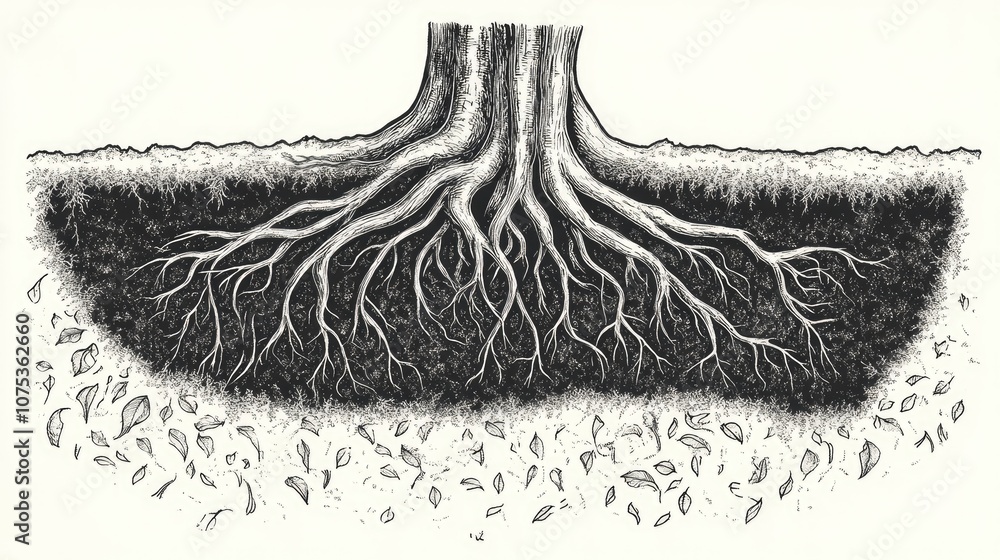Line art illustration depicting spindle roots growing underground ...
