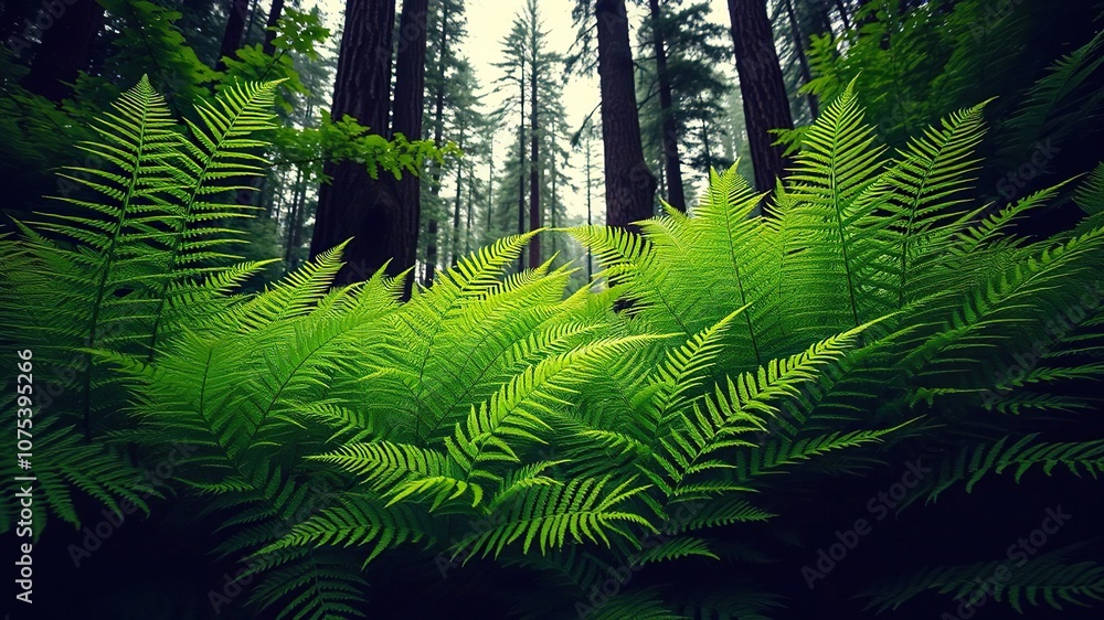 Ferns grow densely in a lush green forest with tall trees looming above ...
