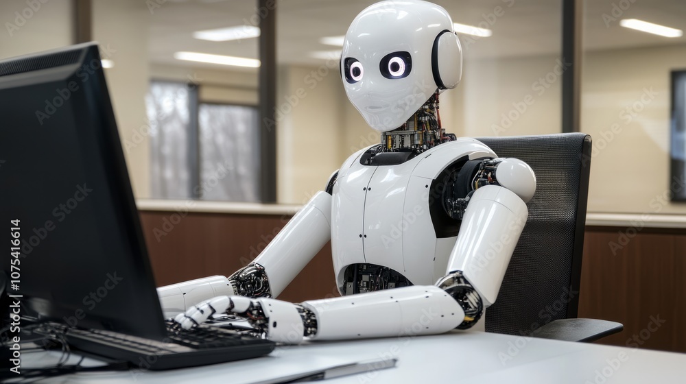 AI robot working in front of compute Stock Illustration | Adobe Stock