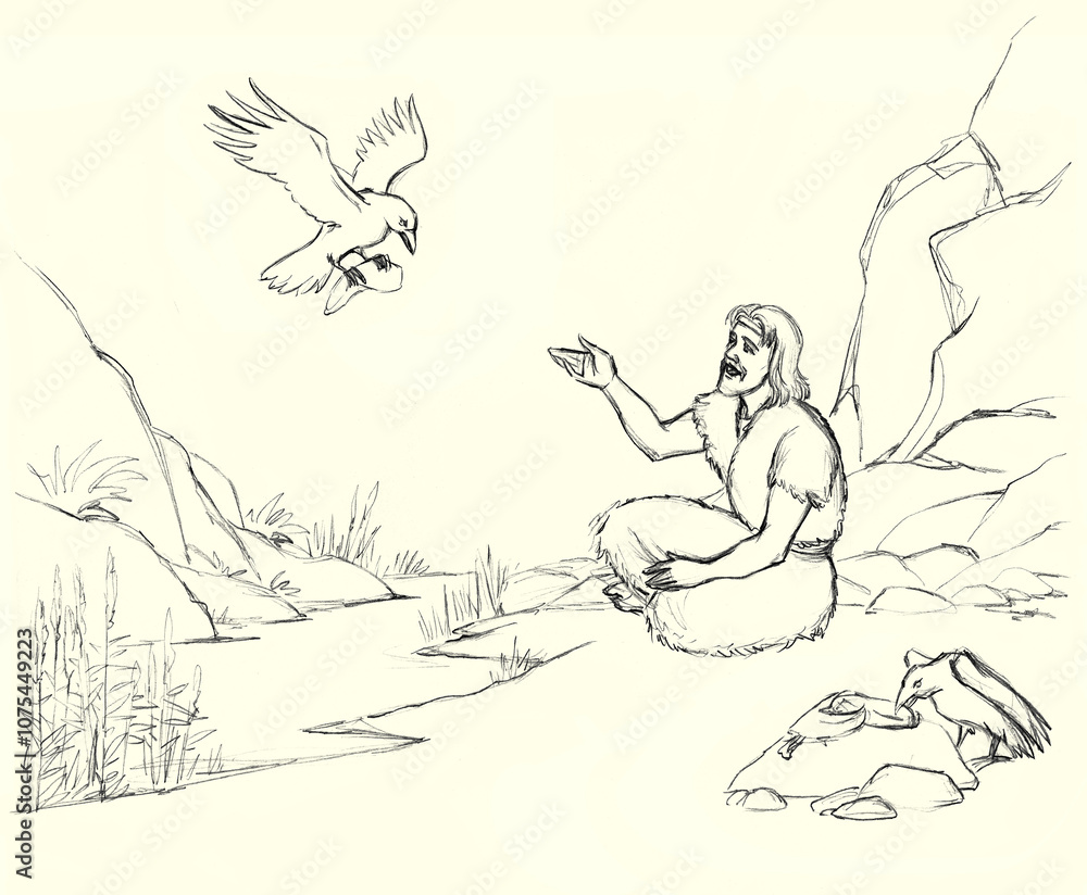 Pencil drawing. Elijah and the crows Stock Photo | Adobe Stock