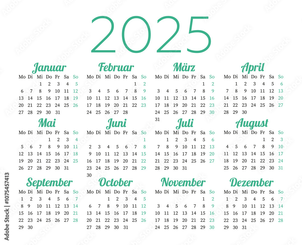 Calendar in German for 2025. Planner for the year. The week starts on ...