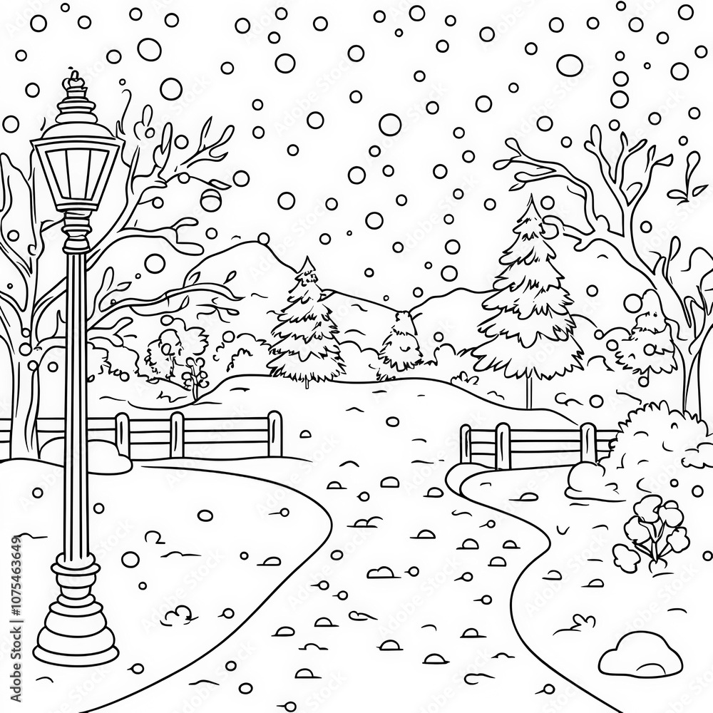 A winter wonderland scene with twinkling lights, coloring page for kids ...