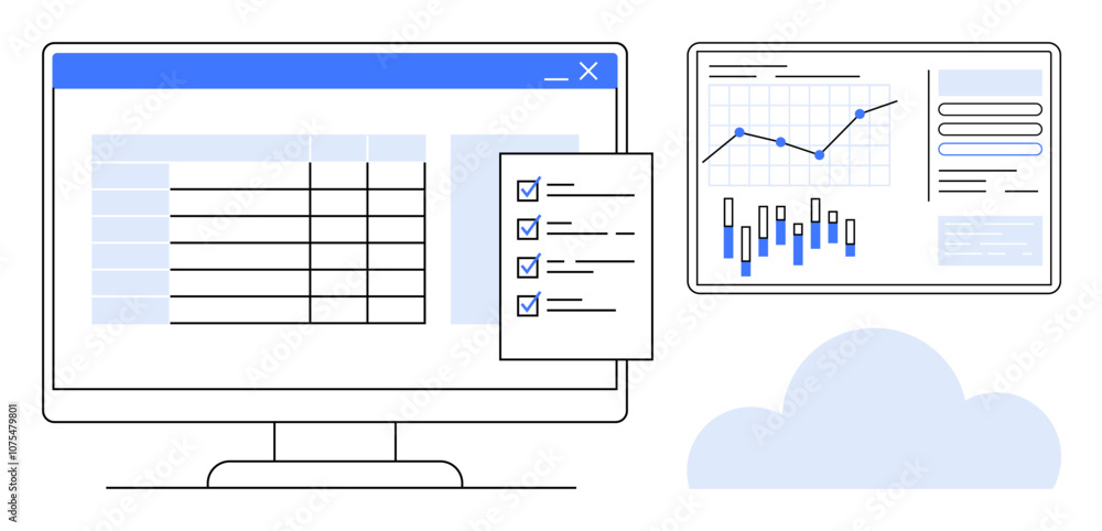 Computer screen showing a spreadsheet, checklist, and floating ...