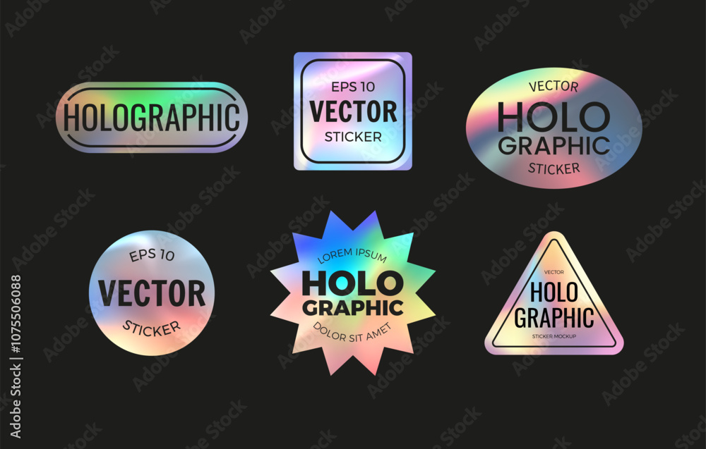 Holographic stickers with text vector set, holographic metal foil tags ...