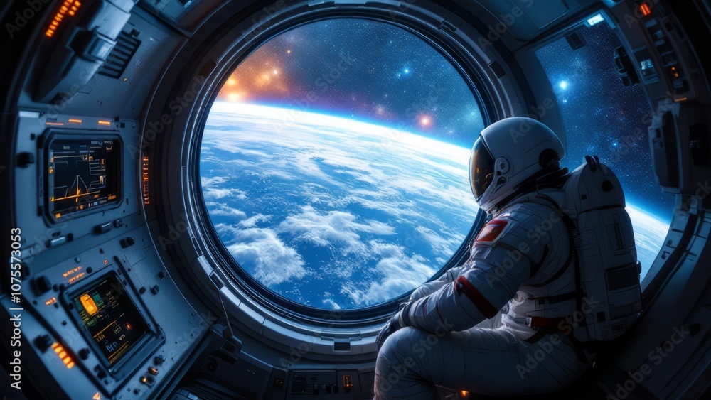 Astronaut gazing at Earth from spaceship window, futuristic space ...