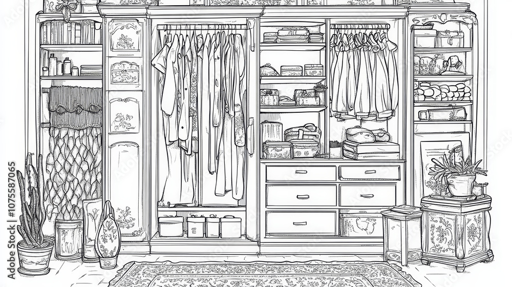 A vector-style wardrobe illustration designed as a coloring book page ...