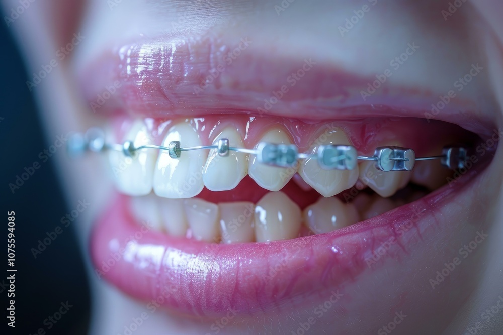 Patient is showing the metal wires and brackets bonded to the teeth ...
