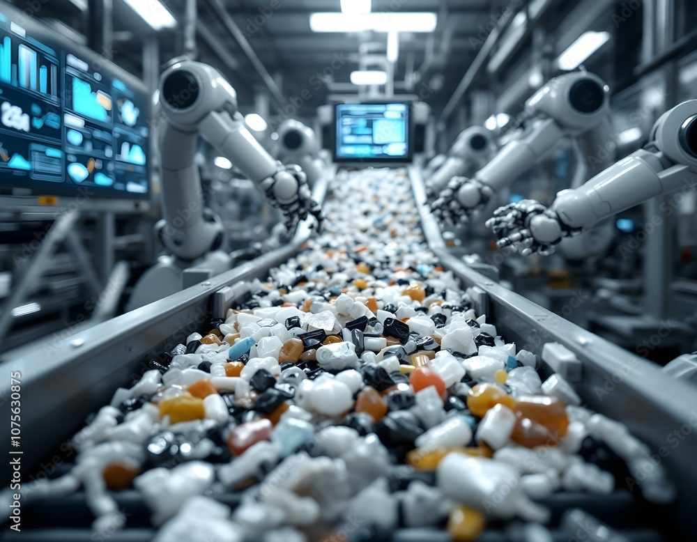 Recycling Facility with Robotic Arms Sorting Plastic Waste on Conveyor ...
