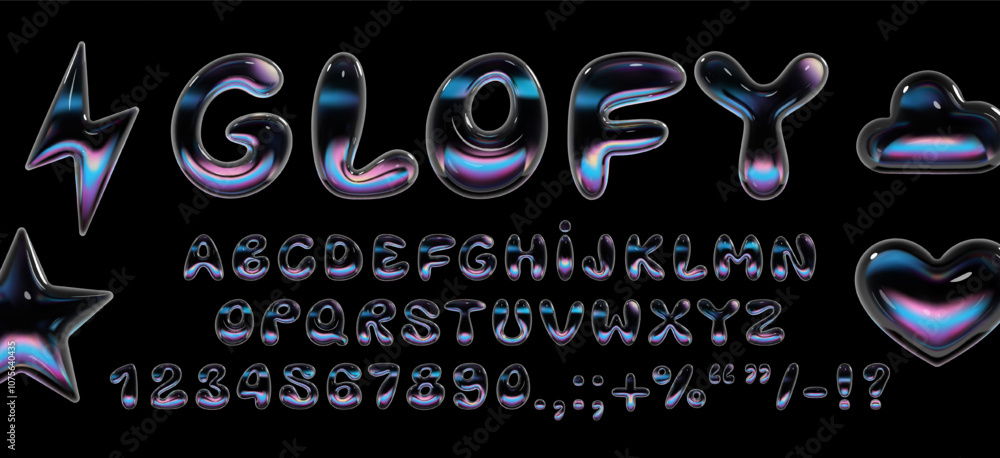 3d glass holographic font in Y2K style. Inflated balloon bubble letters and numbers with glossy ...