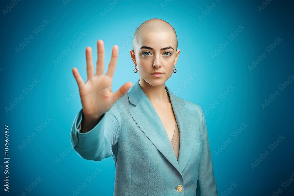 Bald young woman raising her hand to stand against societal beauty ...